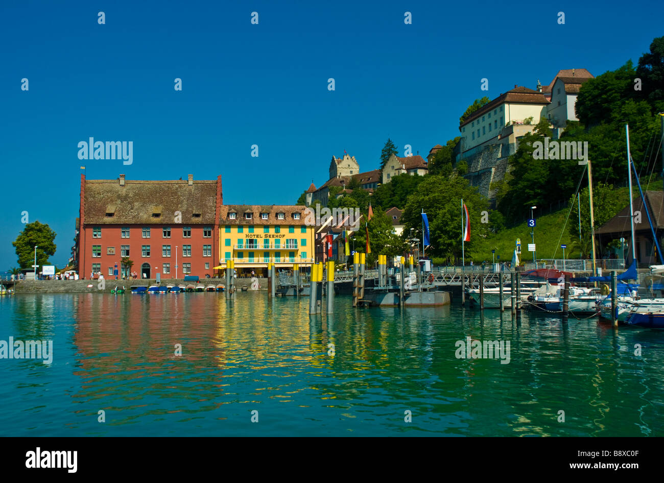 Harbor of Meersburg, historic old town with castle, Lake Constance ...