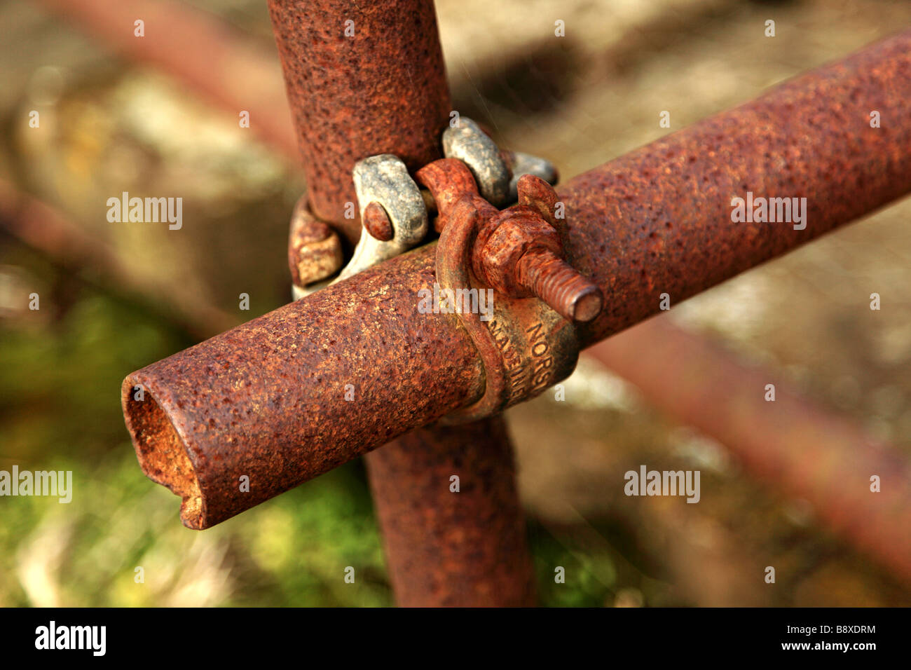 A scaffold clamp holding rusty scaffold poles Stock Photo - Alamy