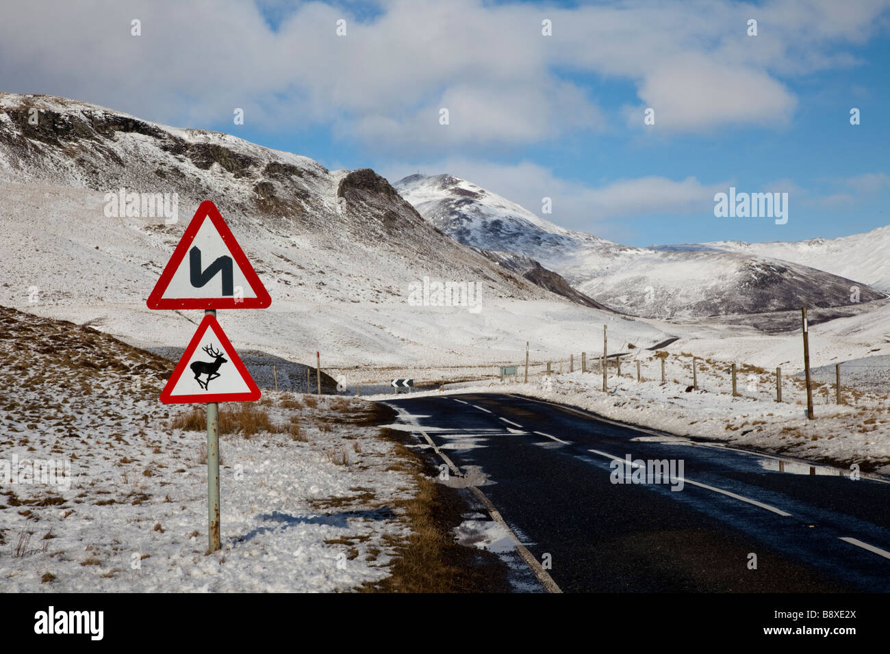 Hazard Mountain deer road signs on Scottish winter roads The Glenshee ...