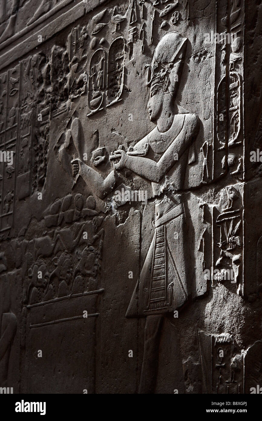 Wall relief showing Egyptian pharaoh figure and hieroglyphic carvings ...