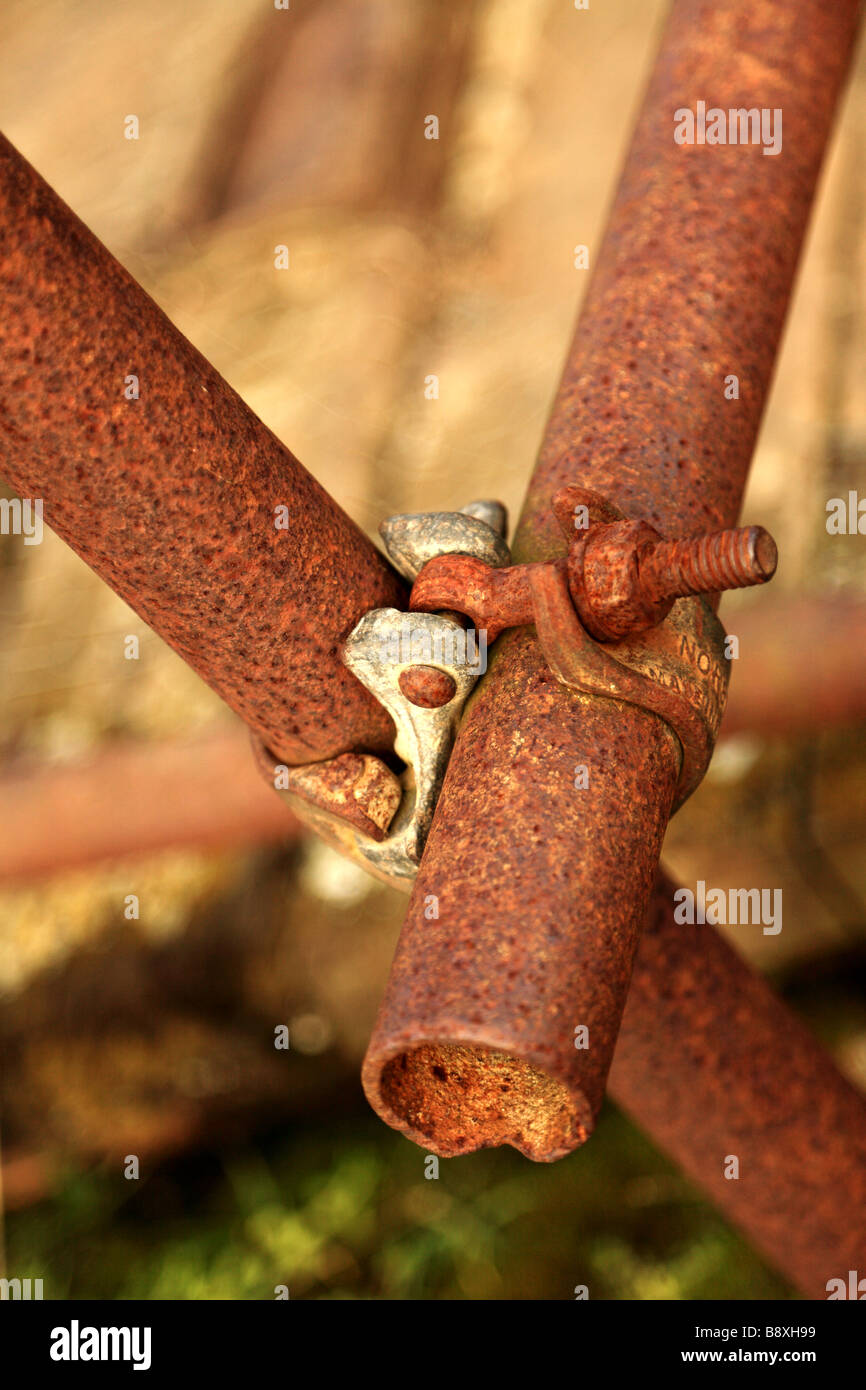 A scaffold clamp holding rusty scaffold poles Stock Photo - Alamy