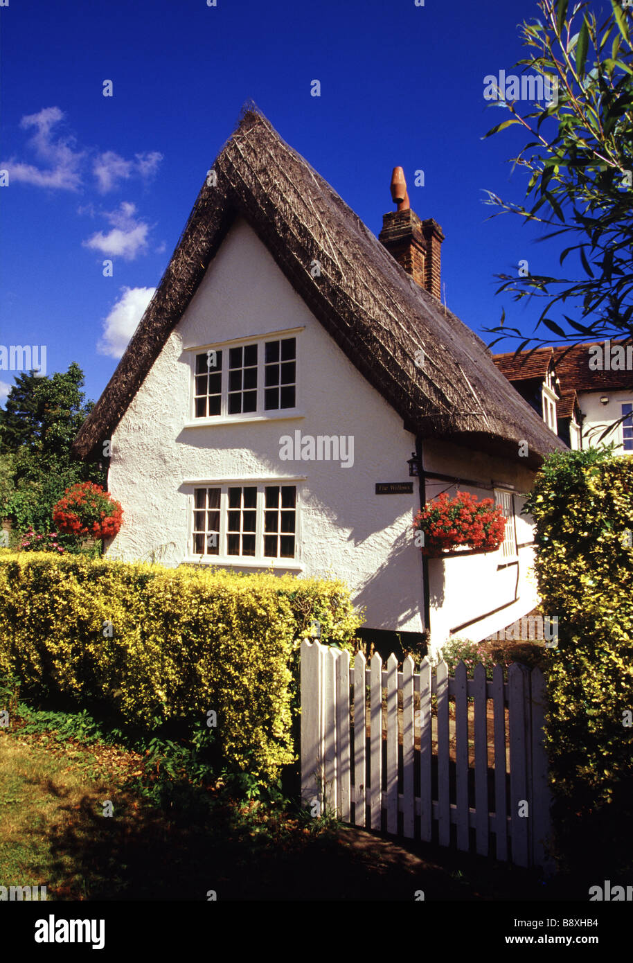 White traditional English cottage house with a gate and flowers in the ...