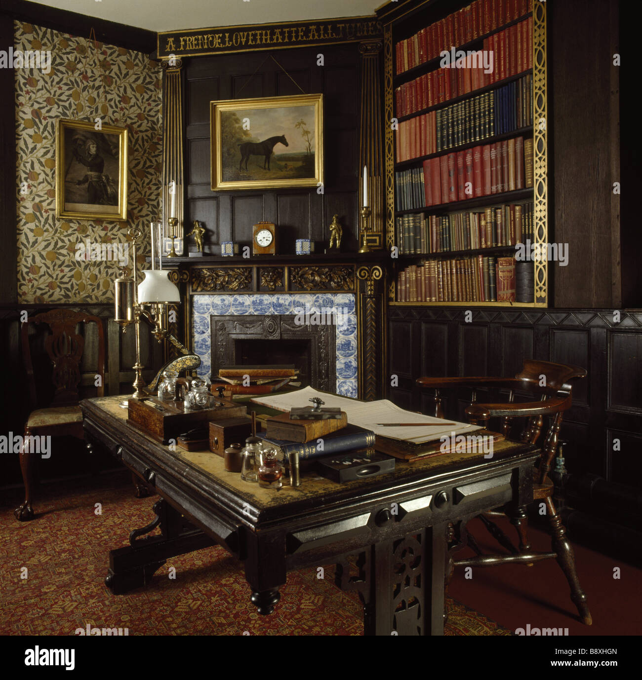 The interior of the Library at Speke Hall with its Pomegranate ...