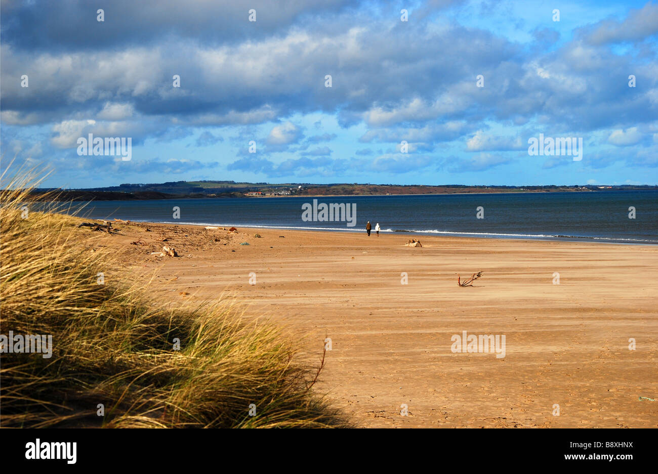 Two people walk on a deserted wind swept beach in Northumberland Stock ...