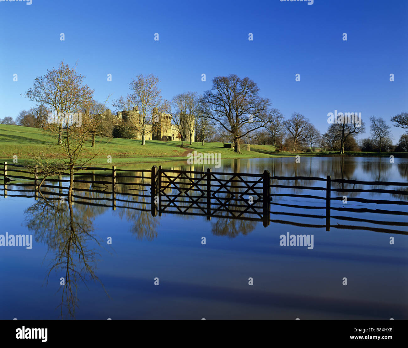 Bodiam Castle seen from the flooded Overflow Car Park East Sussex ...