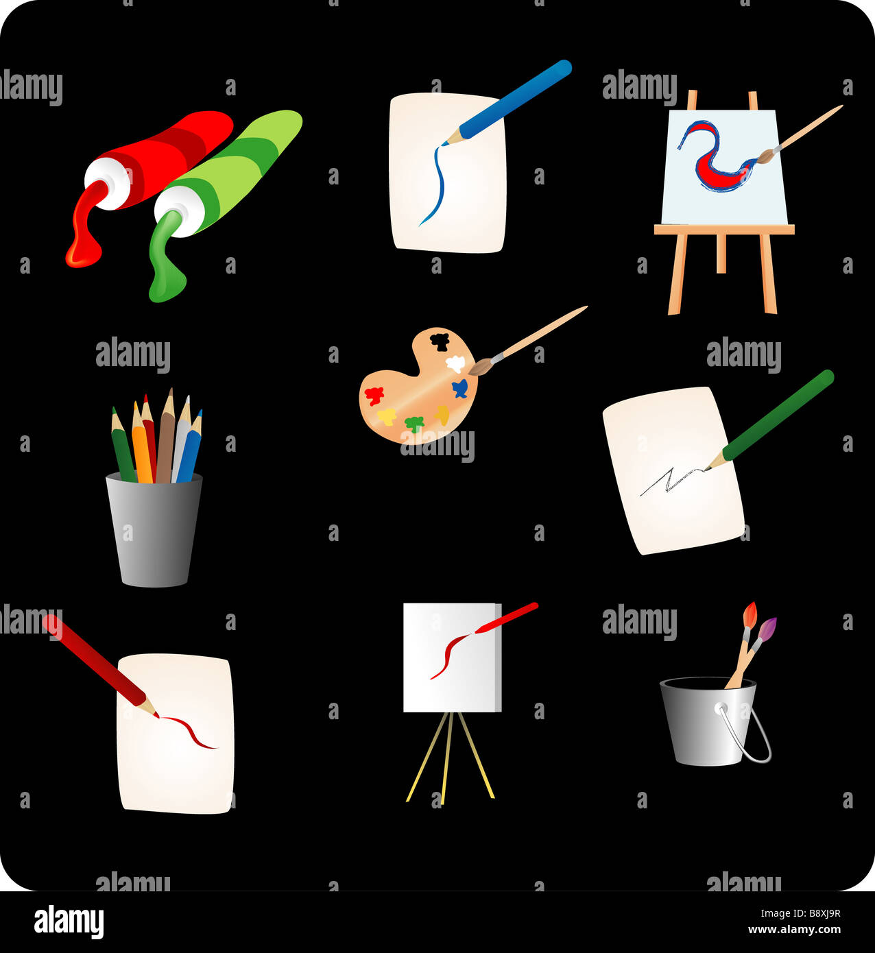 Various objects used to make paintings and drawings Stock Photo - Alamy