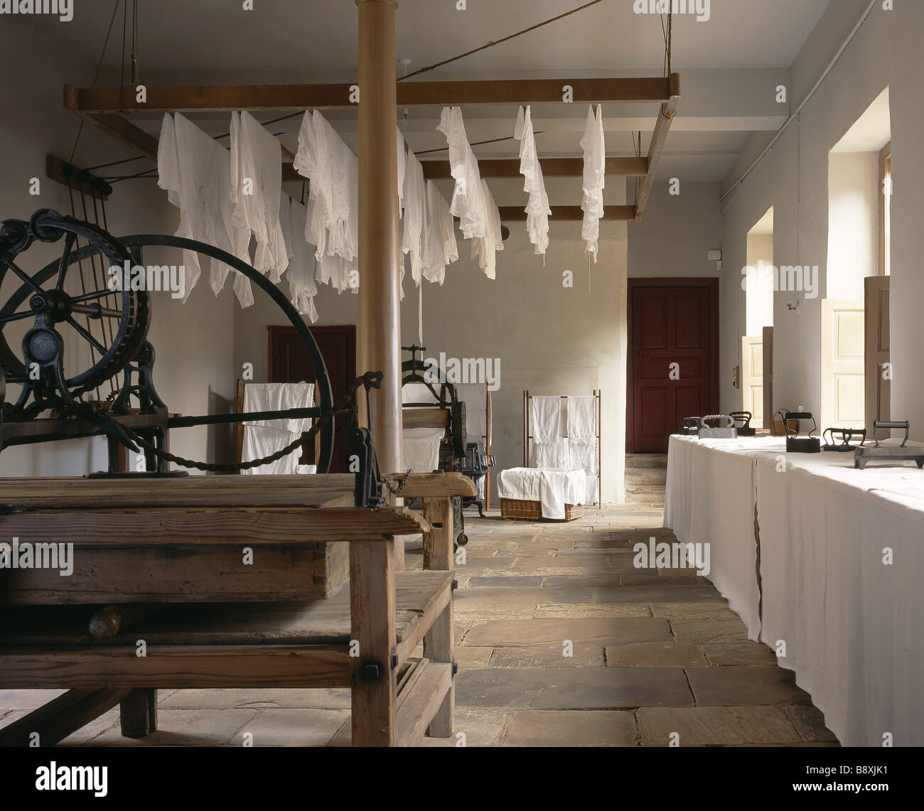 Airing racks mangle wooden clothes horses flat irons and other C19th ...