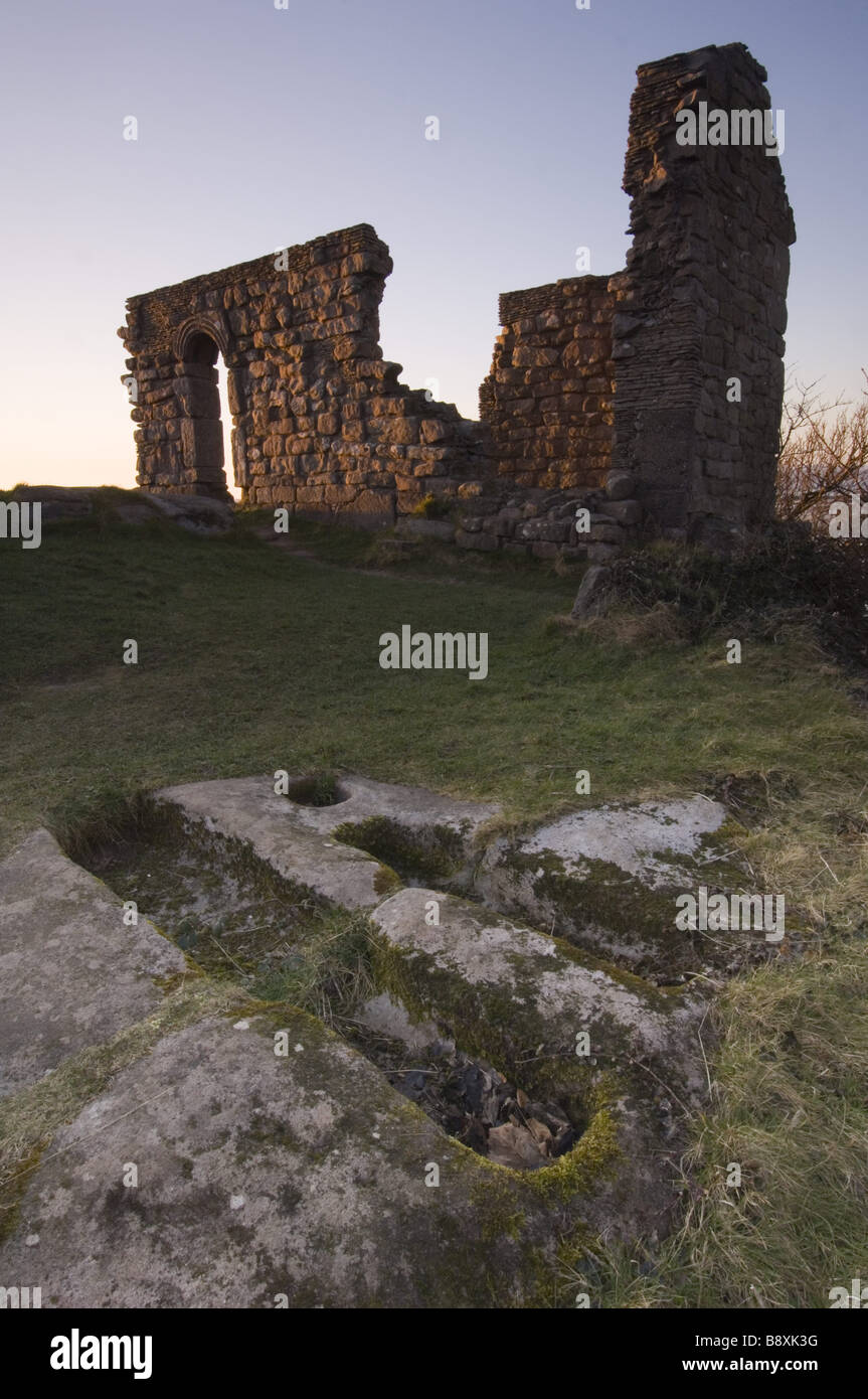 The ruins of St Patricks Chapel Heysham Head Lancashire with rock cut ...