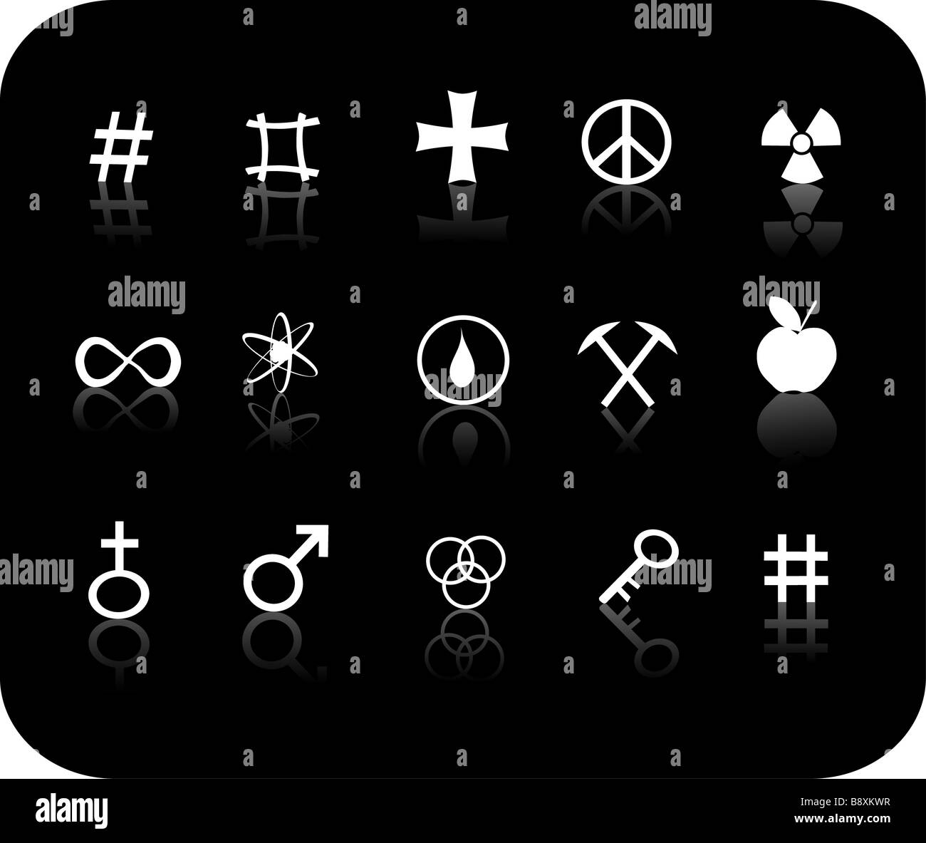 White reflective miscellaneous signs with a black background icon set ...