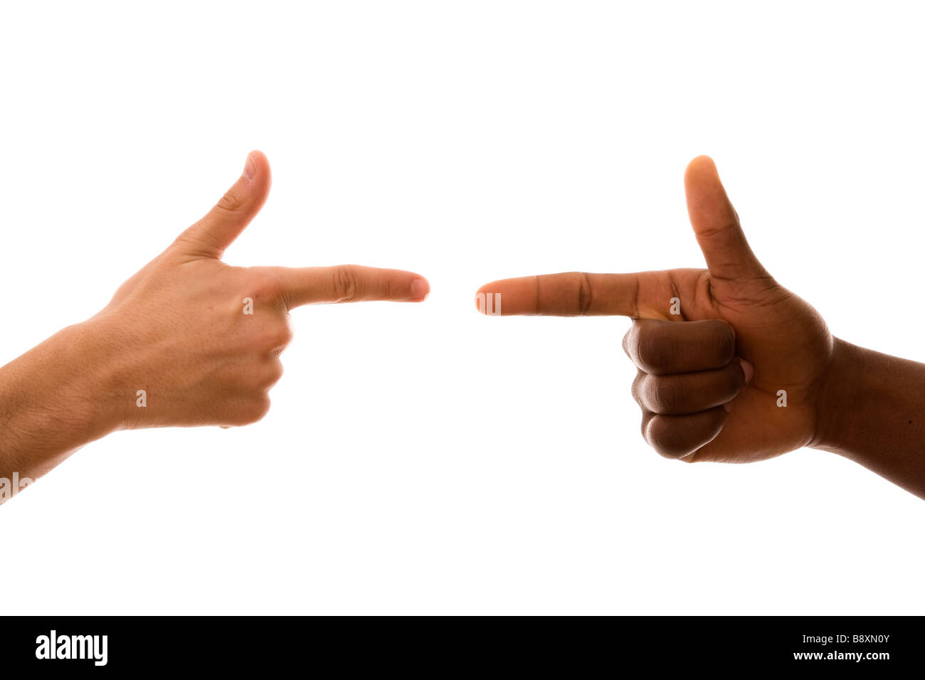 multiracial hands pointing one to the other isolated on white Stock ...