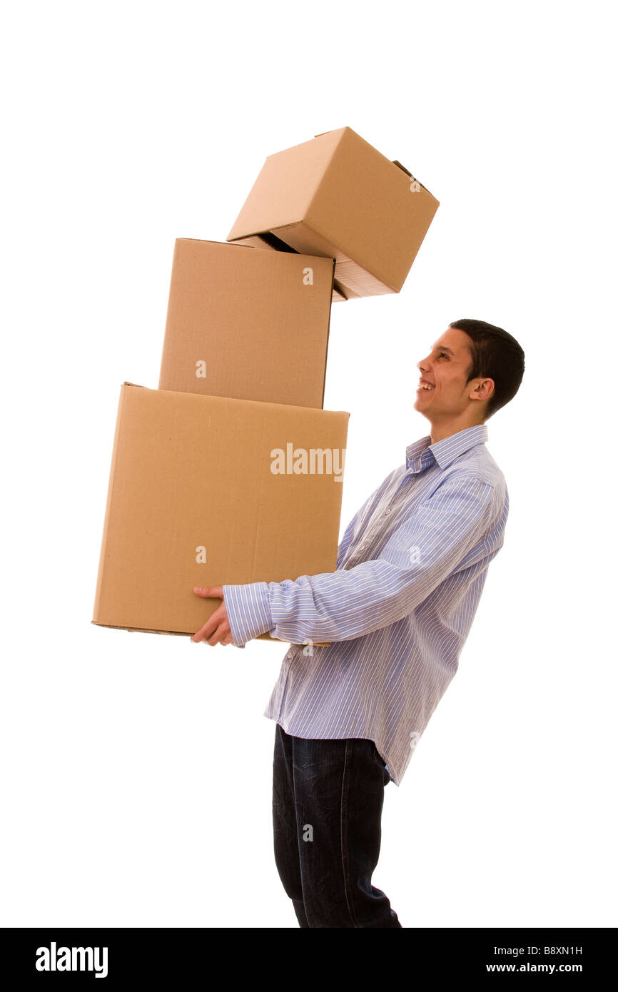 young man holding a stack of package parcels isolated on white Stock ...
