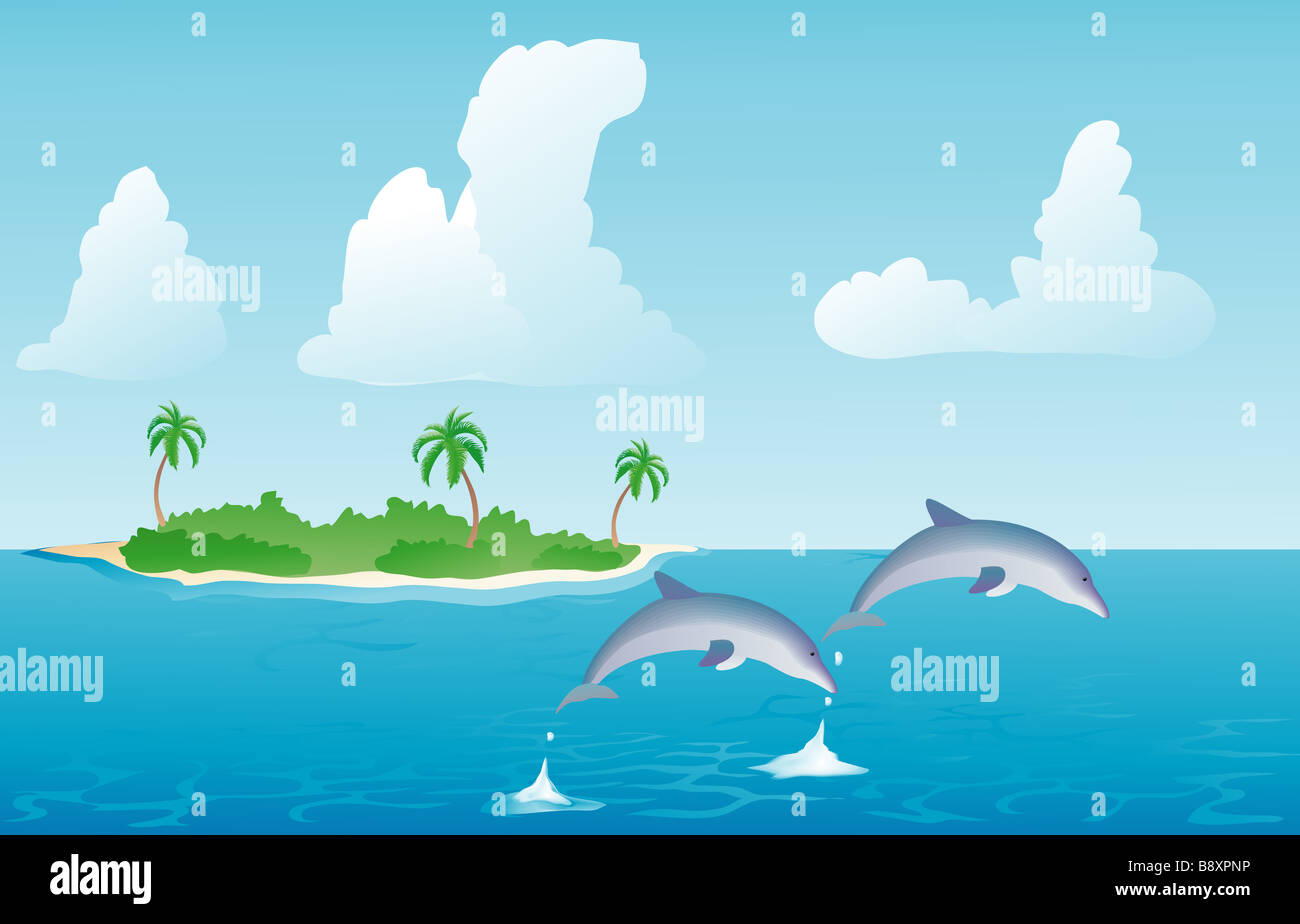 pair of dolphins jumping out of the water illustration Stock Photo - Alamy