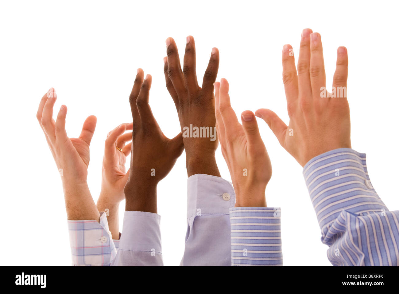 multiracial hands gesturing together isolated on white Stock Photo - Alamy