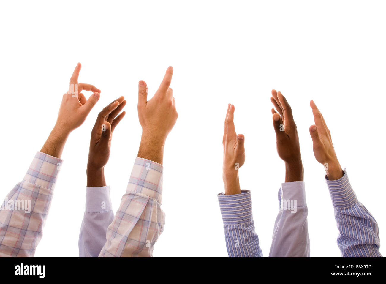 multiracial hands gesturing together isolated on white Stock Photo - Alamy