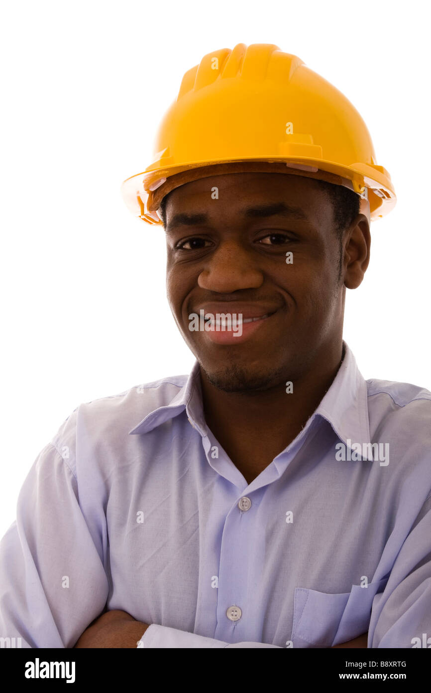 african engineer smiling over a white background selective focus Stock ...