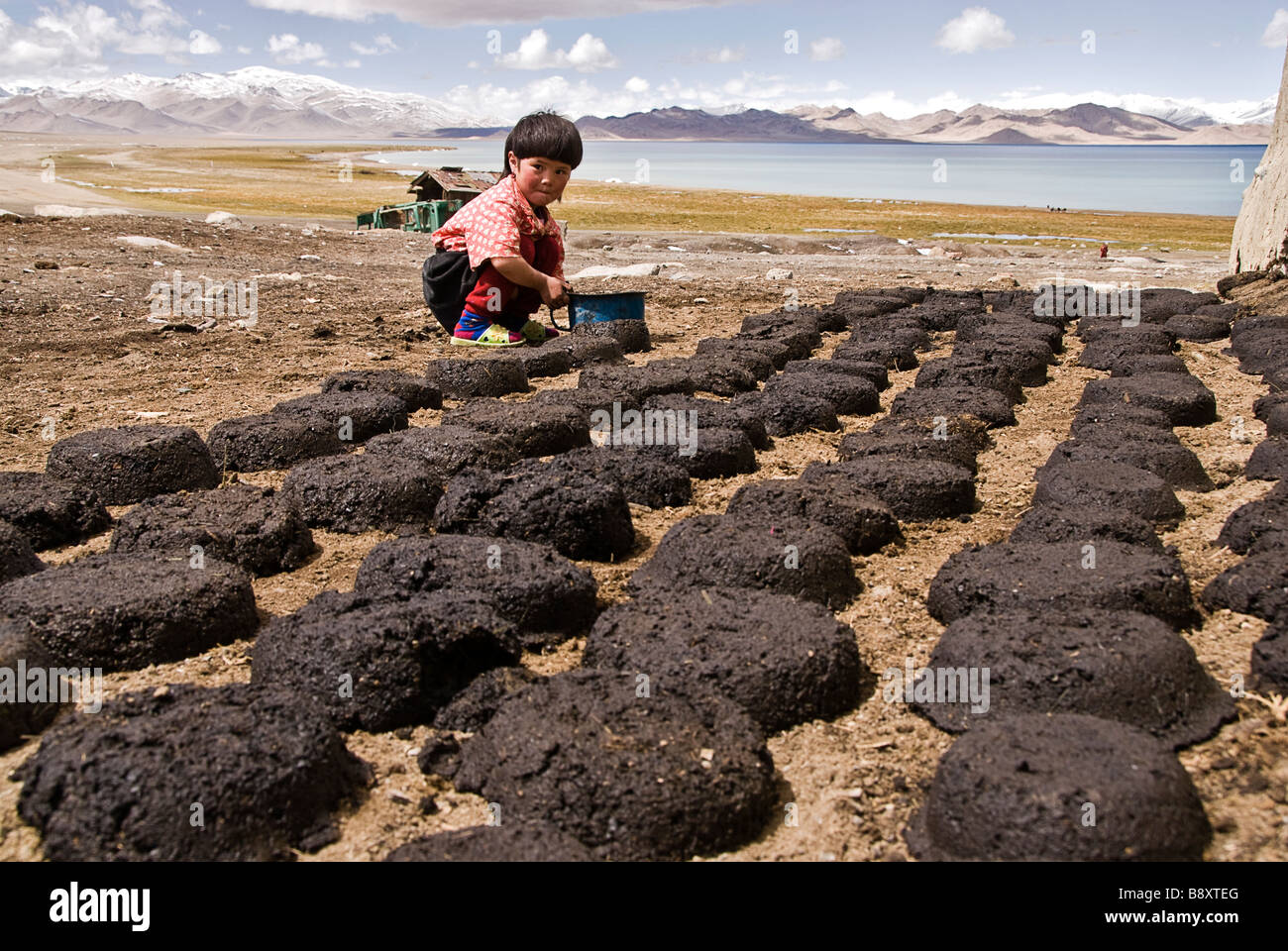 Kids drying excrements on the sun, Pamir highway, Tajikistan, Asia ...