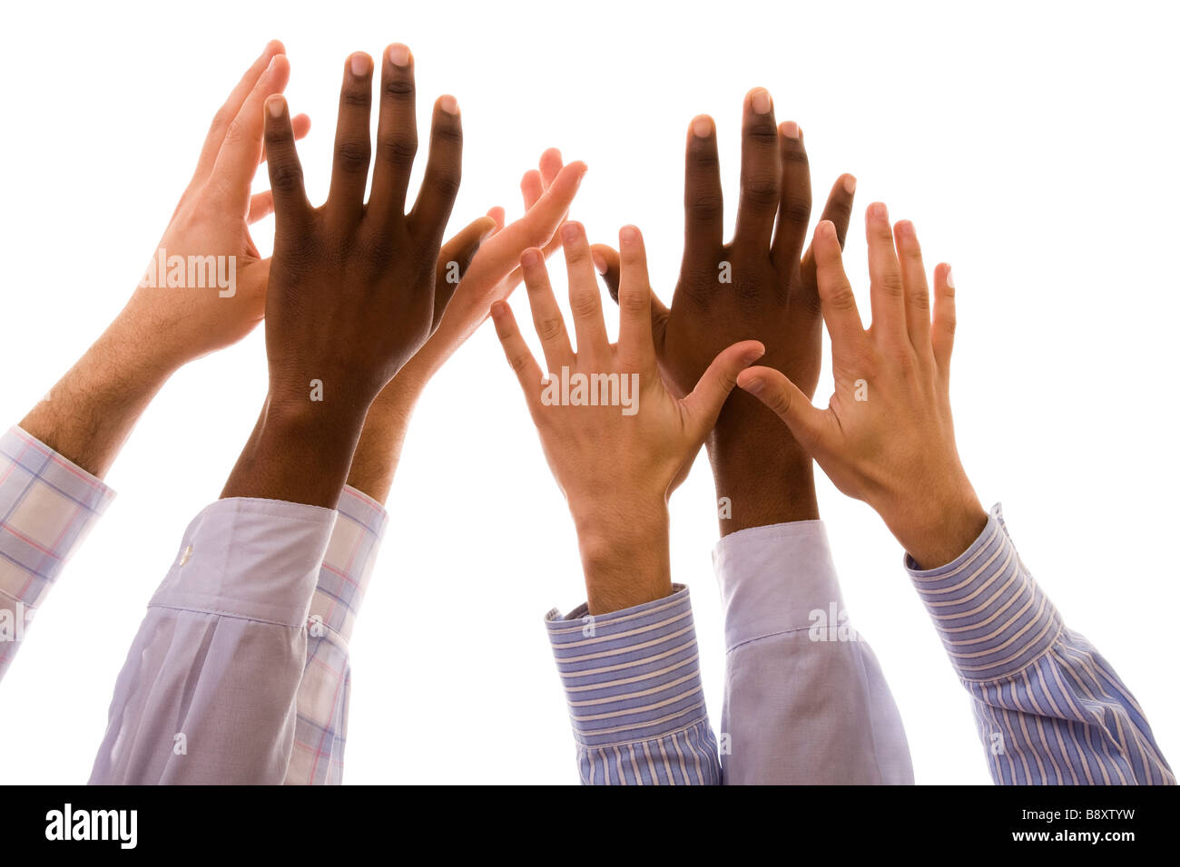 multiracial hands gesturing together isolated on white Stock Photo - Alamy