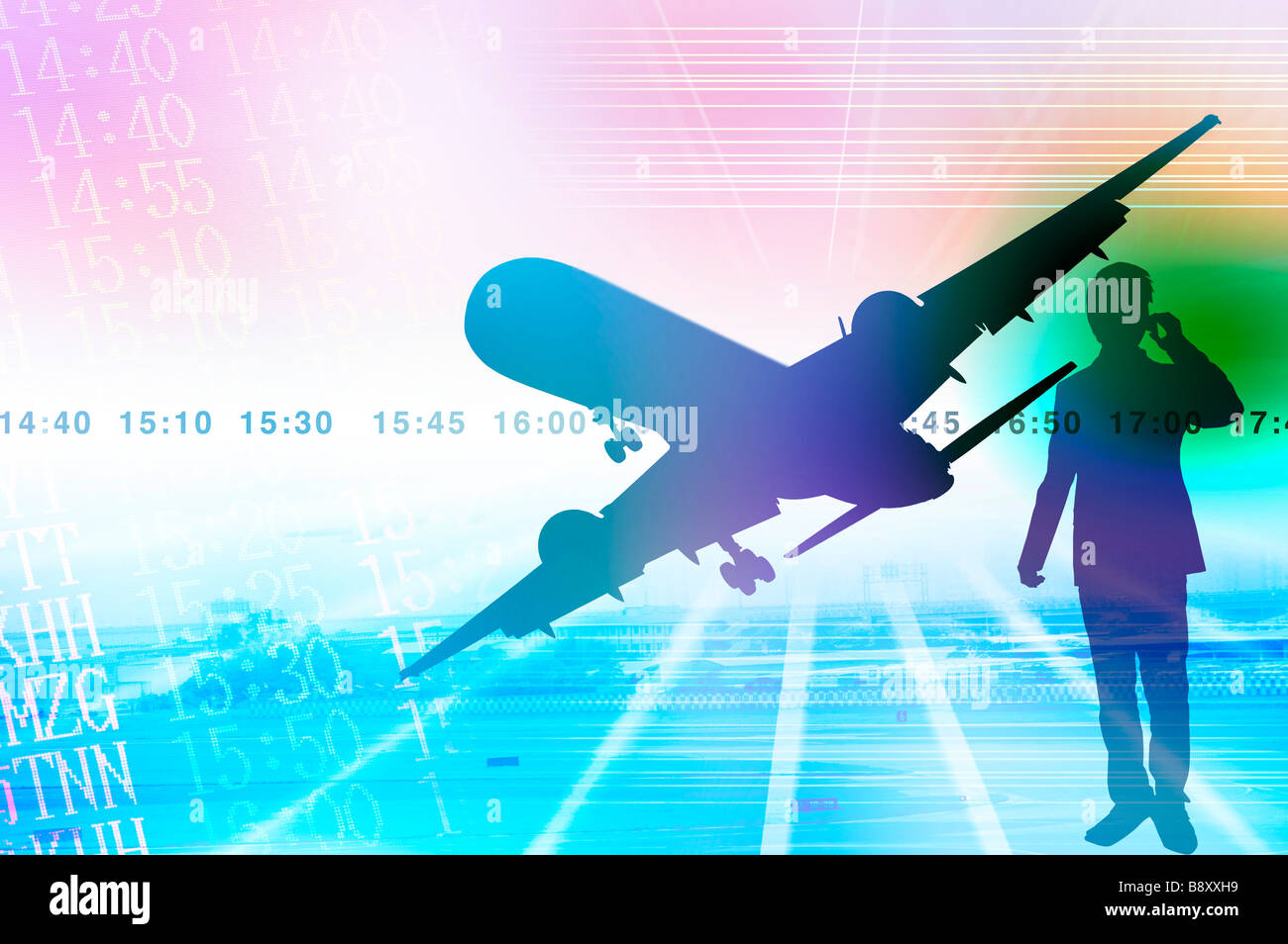 Silhouette of a business man in background of airplane and flight ...