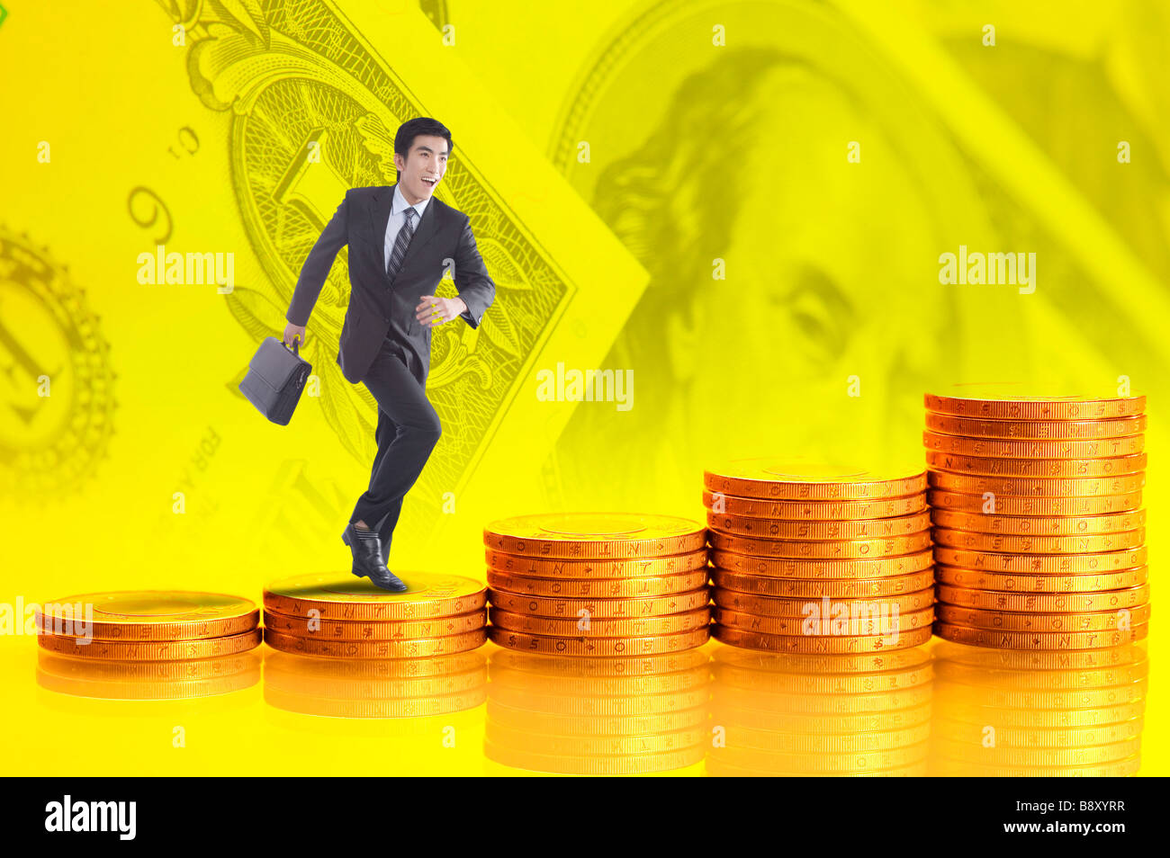 Man running on a stack of golden coins in background of money paper ...