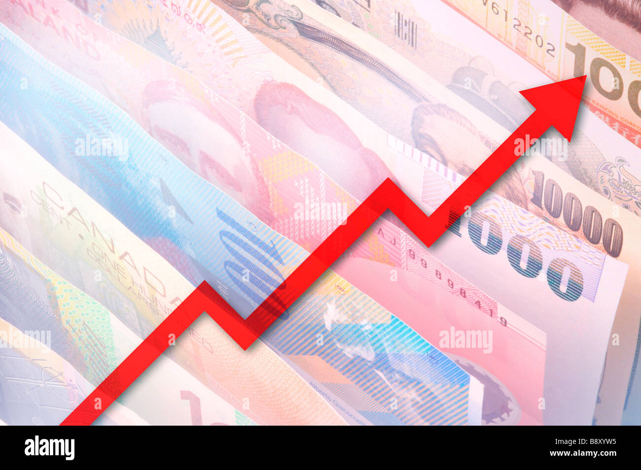 An arrow sign pointing upward with money as background Stock Photo - Alamy