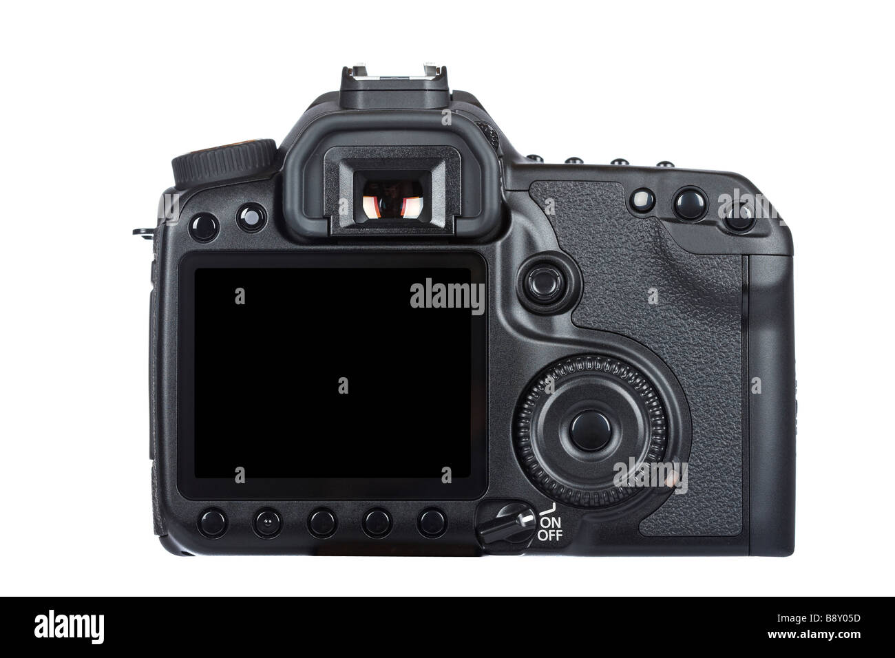 Rear view of digital slr camera isolated on white background Shallow ...