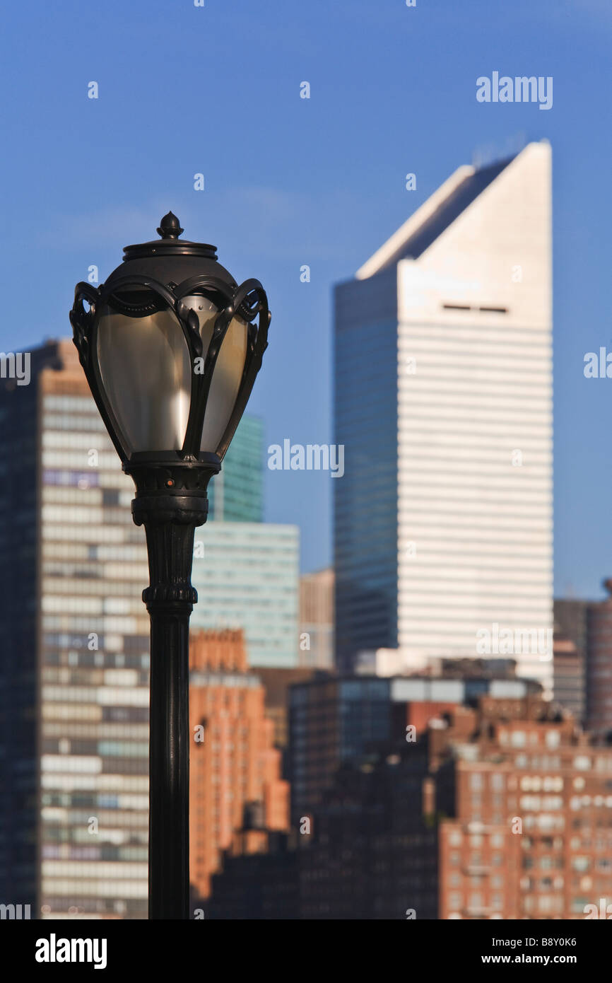 Street light and portion of Midtown Manhattan skyline from Queens New ...