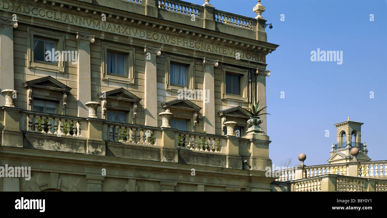 View of top of one corner and balustrades on the house and top of the ...
