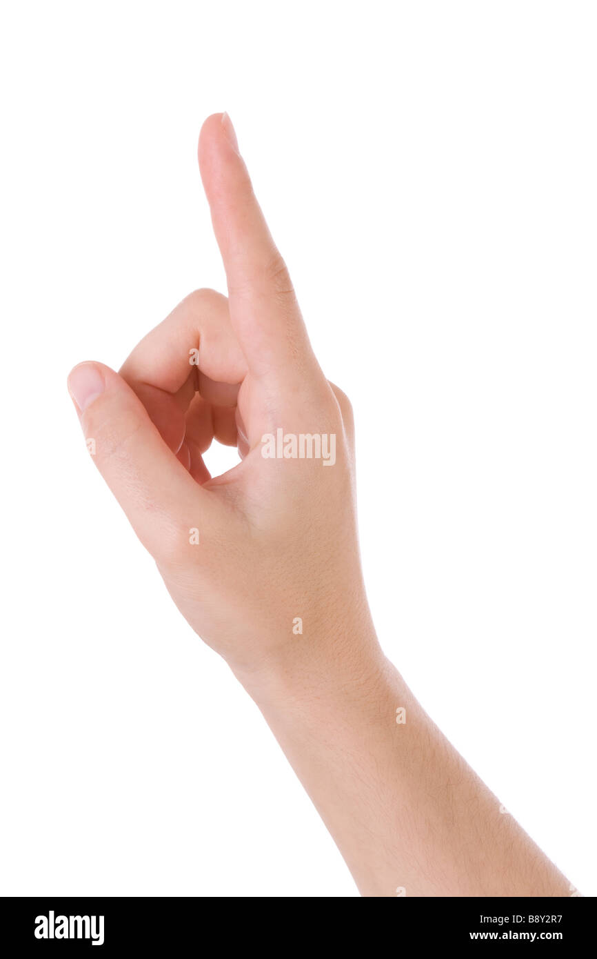 Hand pointing, touching or pressing isolated on white. Caucasian female ...