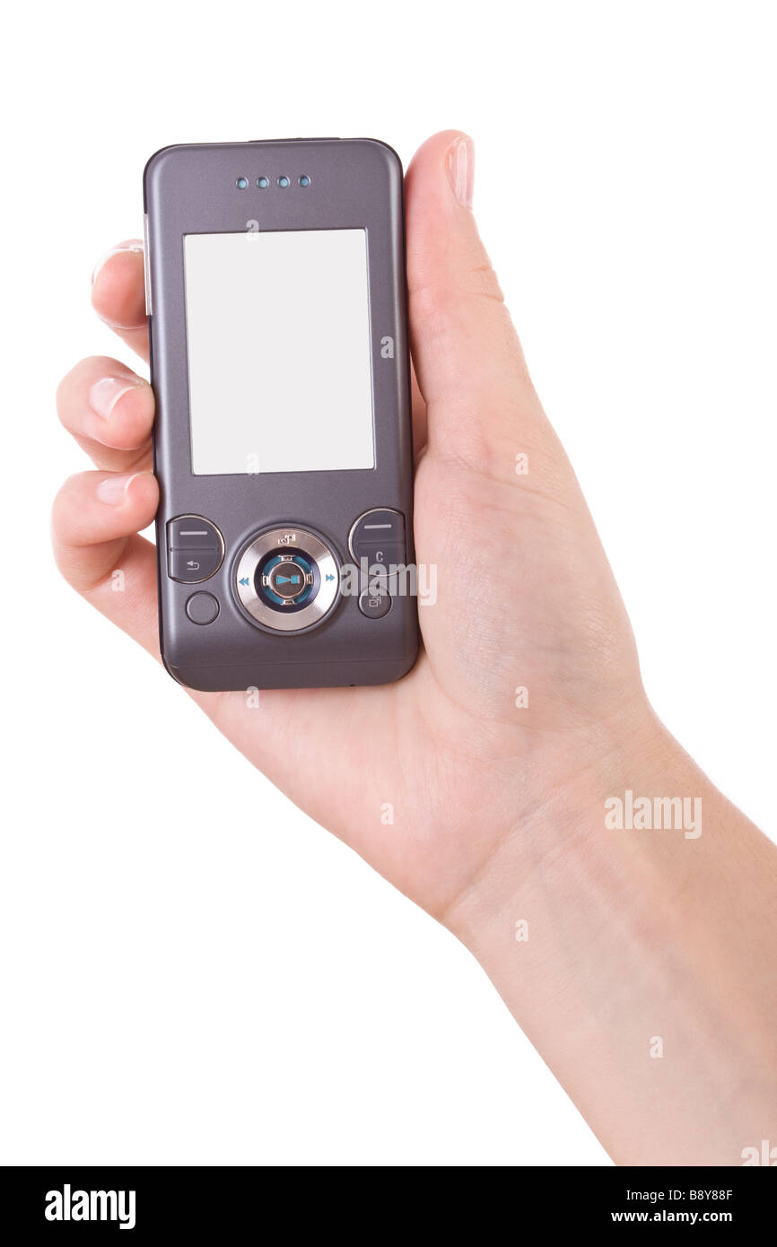 Hand holding mobile phone isolated on white Stock Photo - Alamy