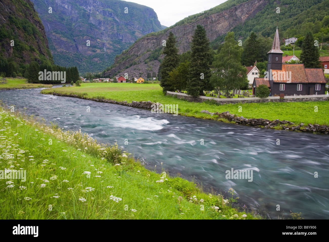Church at the riverbank, Flam Church, Flamsdalen Valley River, Flam ...
