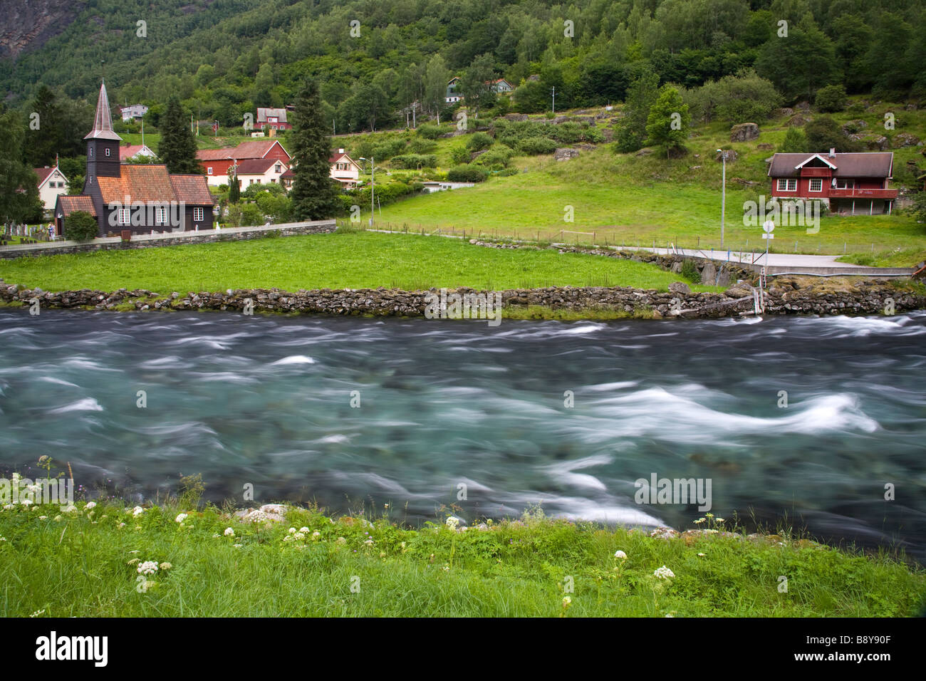 Church at the riverbank, Flam Church, Flamsdalen Valley River, Flam ...
