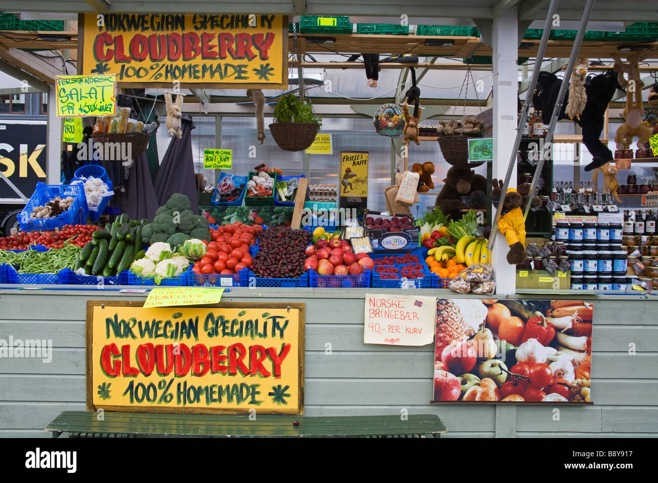 Market stall with vegetables and fruits, Torget Market, Bergen ...