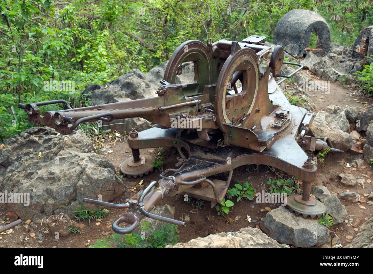 Old anti-aircraft gun on Mt. Phu Si, Luang Prabang, Laos Stock Photo ...