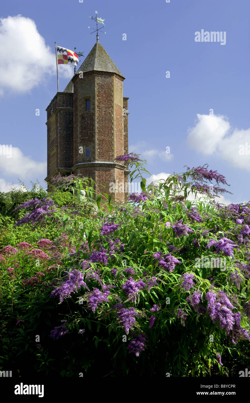 The Elizabethan tower at Sissinghurst Castle Garden Kent with a purple ...