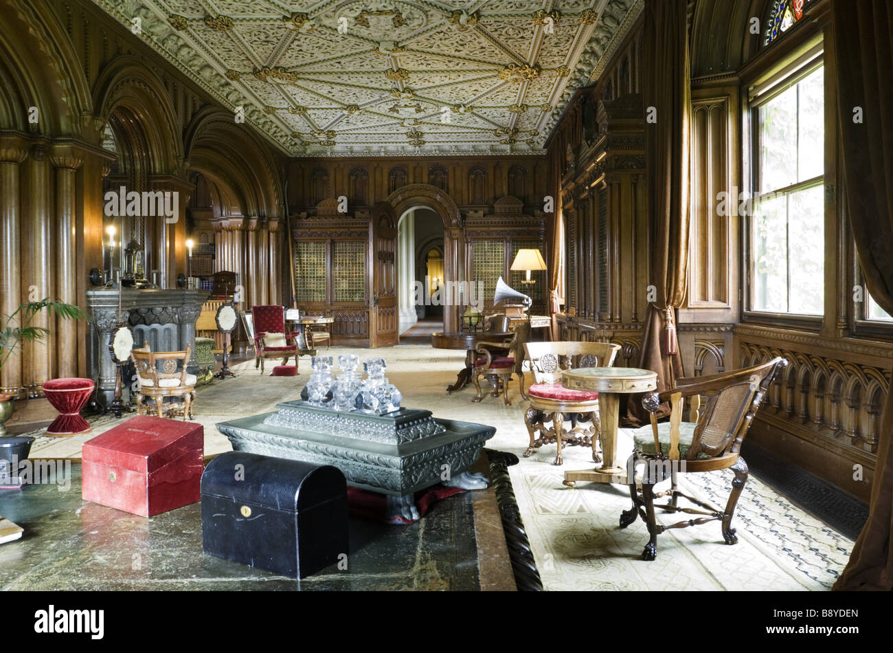 View of the Library at Penrhyn Castle Gwynedd showing the oak columns ...