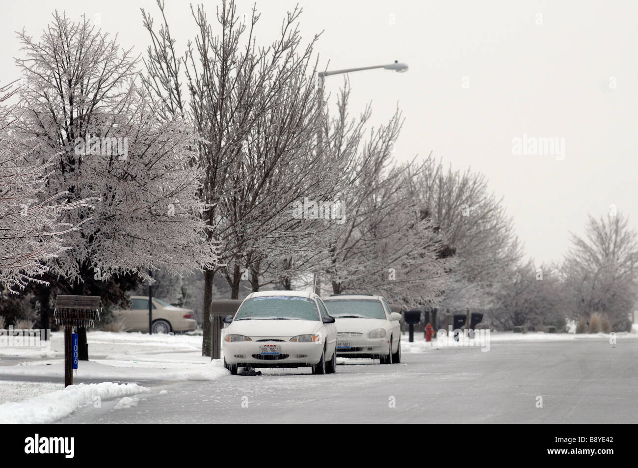 A suburban Chicago street covered by ice from an overnight ice storm ...