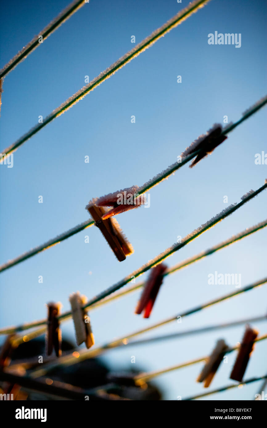 Clothes pegs on clothe line Sweden Stock Photo - Alamy