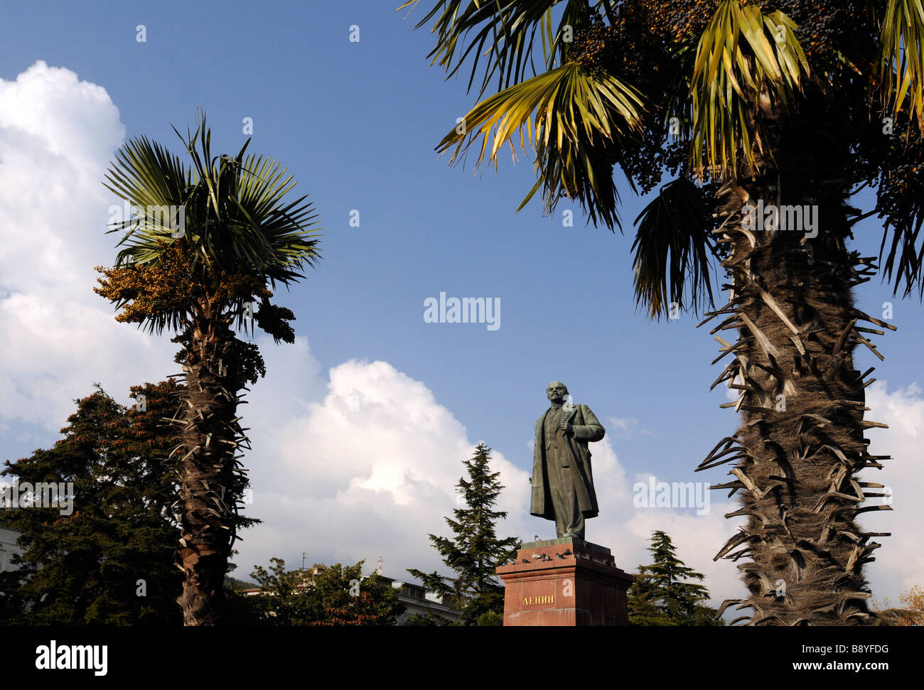 A bronze statue of Russian revolutionary Lenin stands among palm trees ...