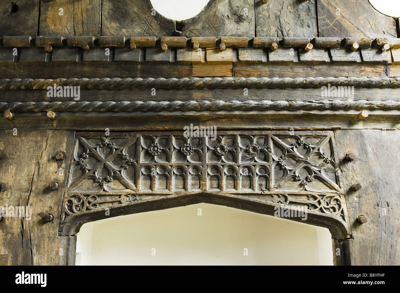 C16th carved door head in the Screens Passage at Rufford Old Hall ...