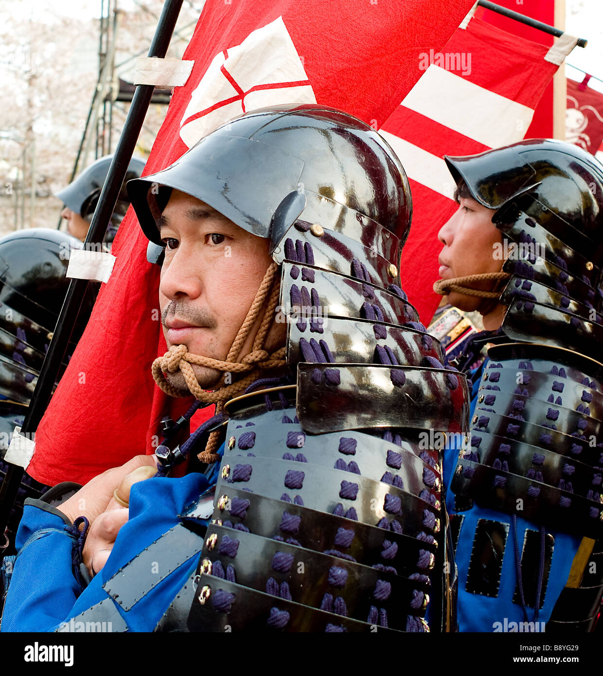 Samurai warrior with flag at Shingen ko festival, Kofu, Japan Stock ...