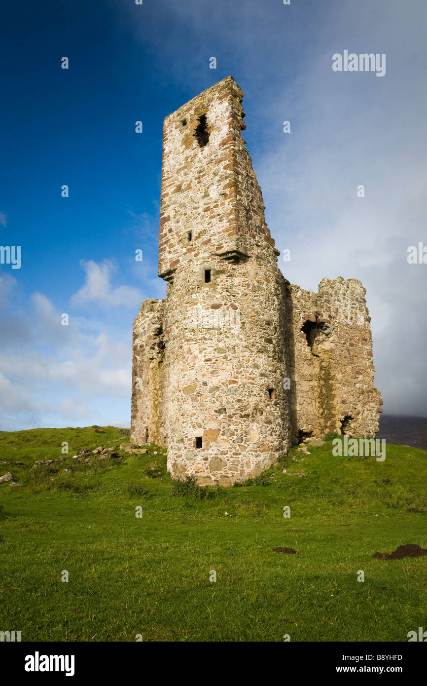 Ruin of ancient Scottish castle with green grass in front and blue ...