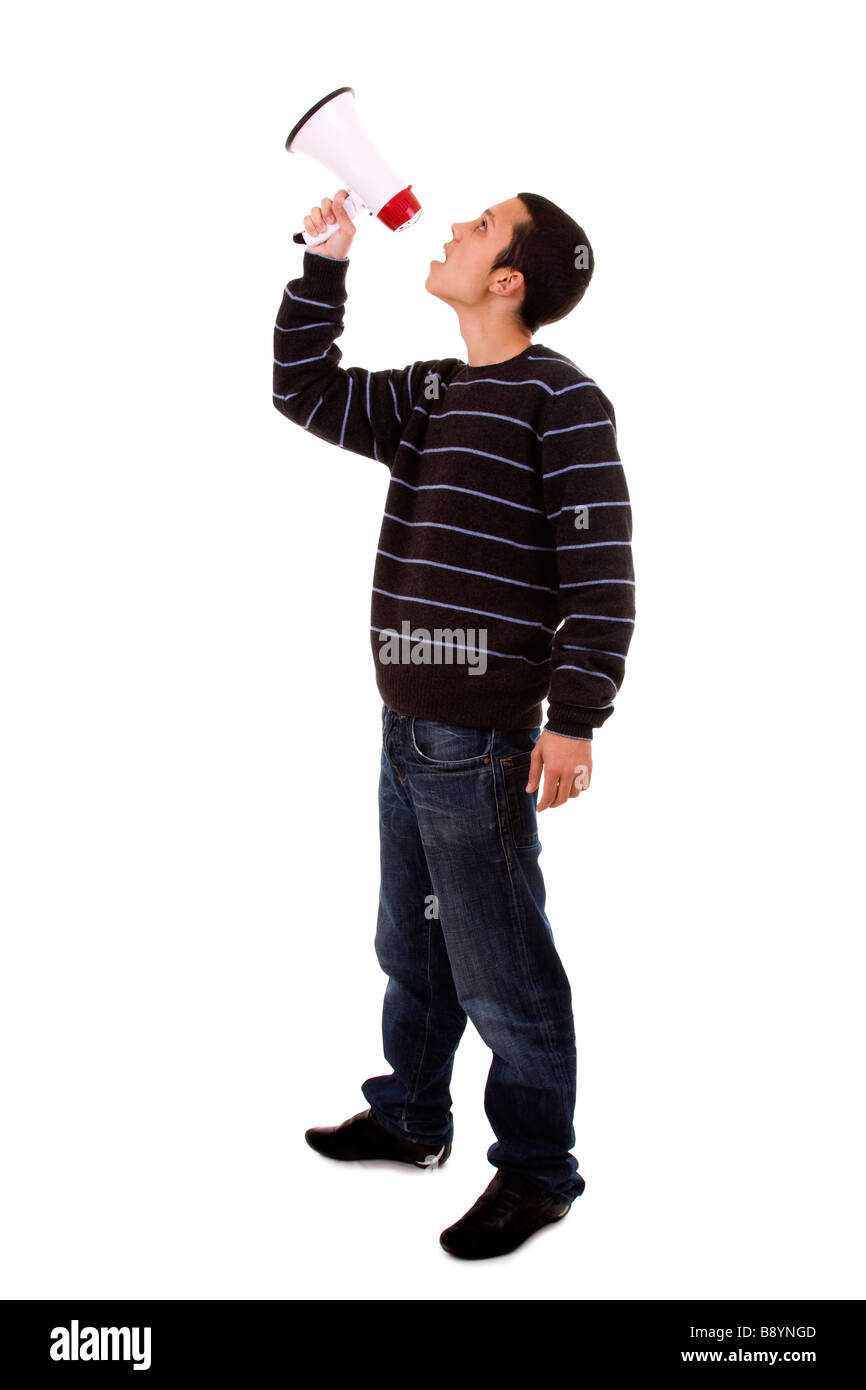 young men shouting at the megaphone selective focus Stock Photo - Alamy