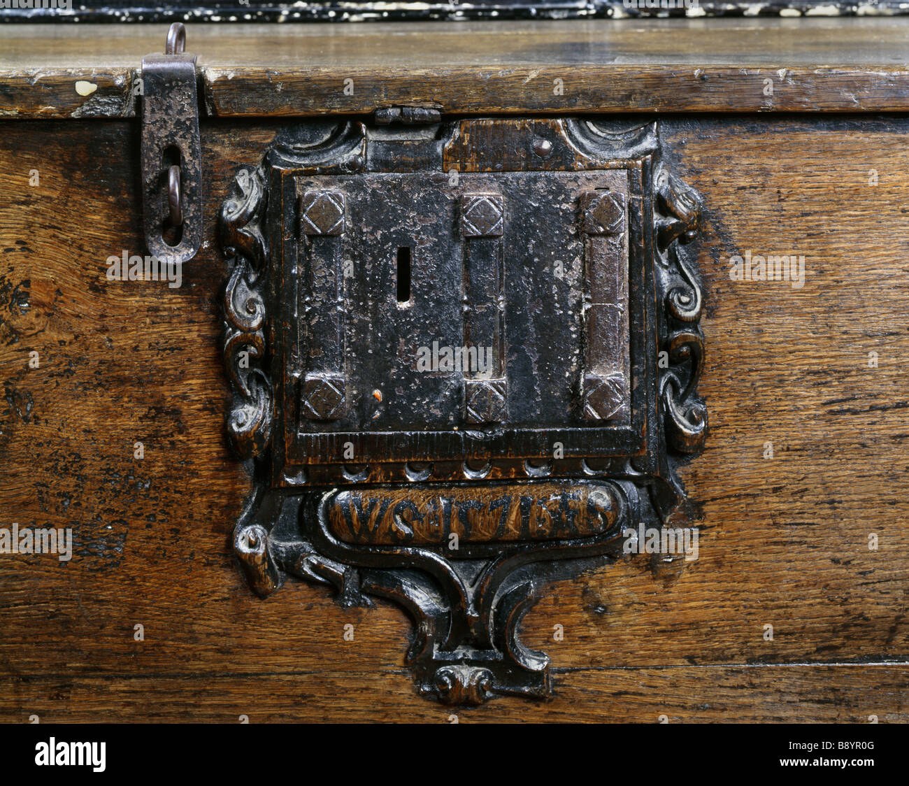 Detail of an ornamental lock on an oak dower chest at Sizergh Castle ...