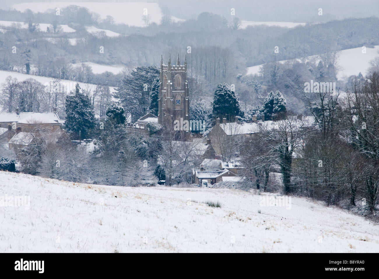 A view of the English countryside under snow: Kilmersdon, Somerset ...