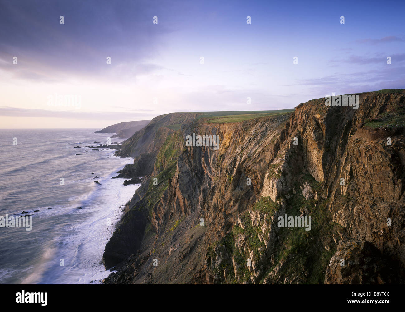 The cliffs above Sandy Mouth on the Cornish Coast looking north at dusk ...