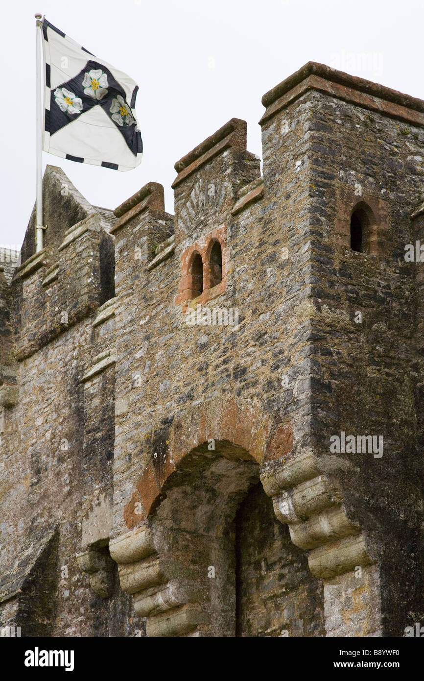 Flag flying above the main portcullis entrance at Compton Castle Devon ...
