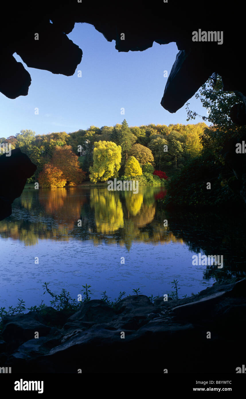The view over the lake at Stourhead Wiltshire from the Grotto in autumn ...