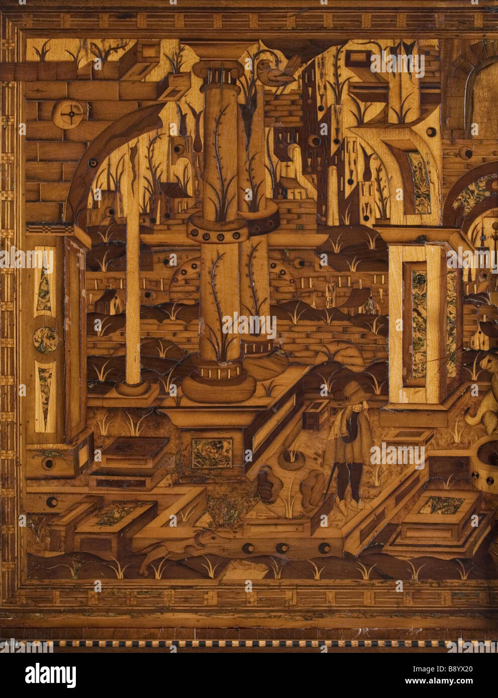 Close view of the inlay of the cabinet to the left of the Staircase in ...