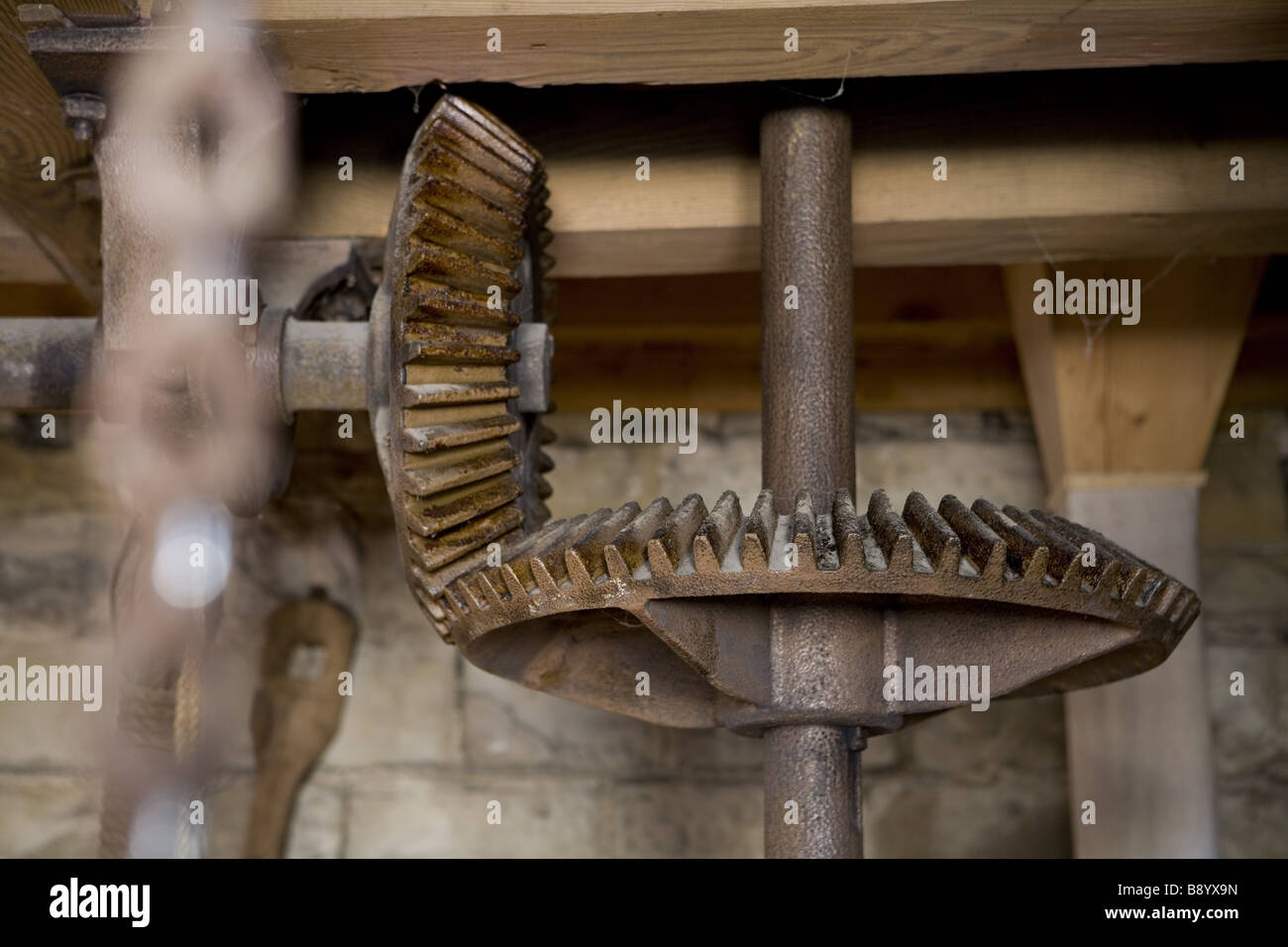 Restored machinery inside Stainsby Mill a working water powered flour ...
