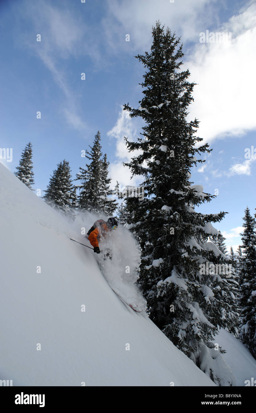 Skiing through deep powder down a steep hillside Stock Photo - Alamy